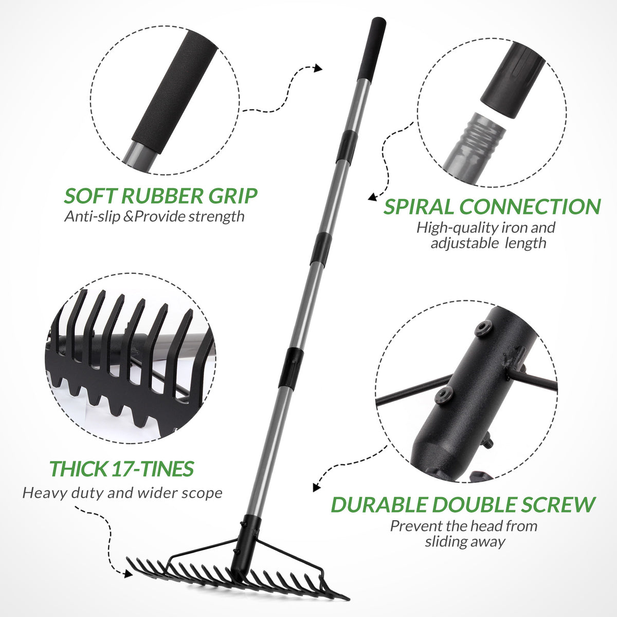 Walensee 5.4FT Bow Rake Heavy Duty Garden Rake with Stainless Steel Ha ...