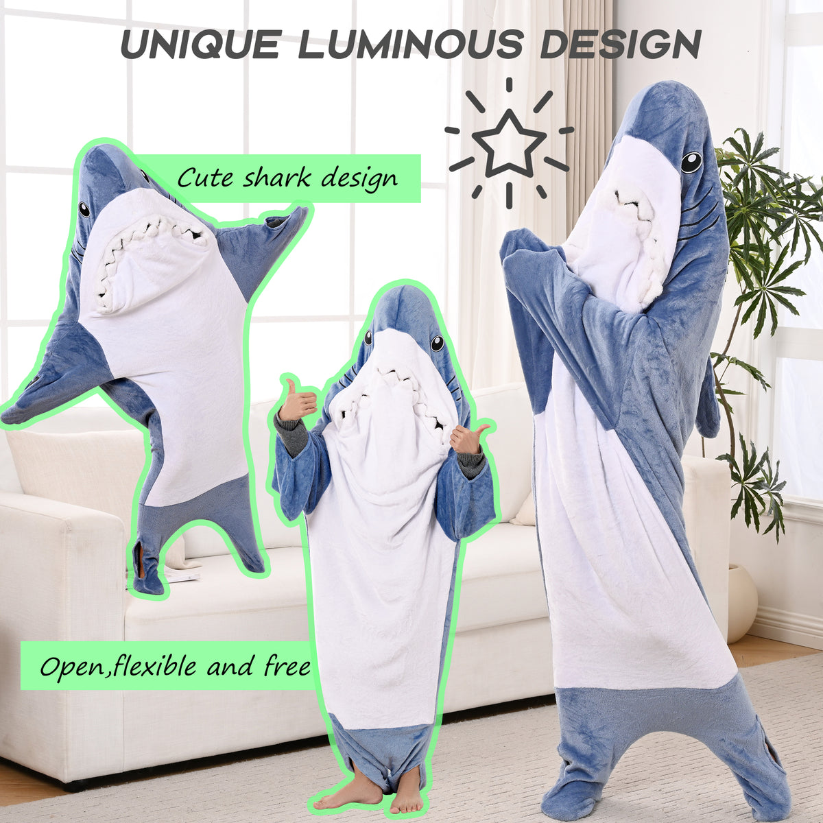 🦈Glow in The Dark Shark Blanket for Adult, Shark Costume with Shiny Ey ...
